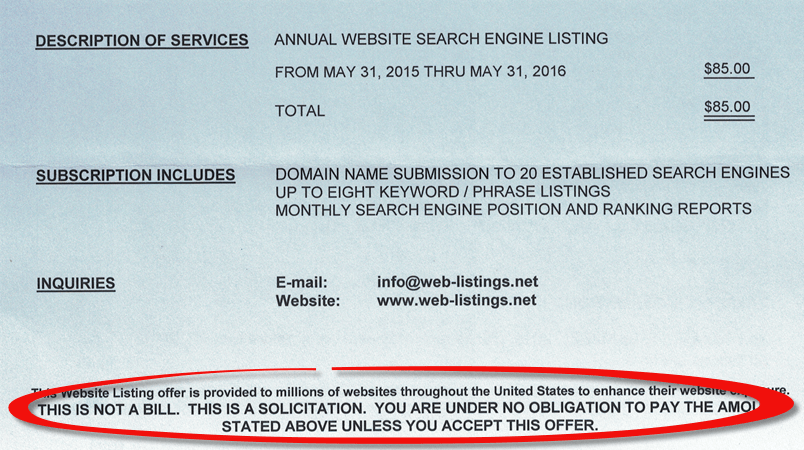 Don't Pay Phony Scam Invoices for Website Listing Services